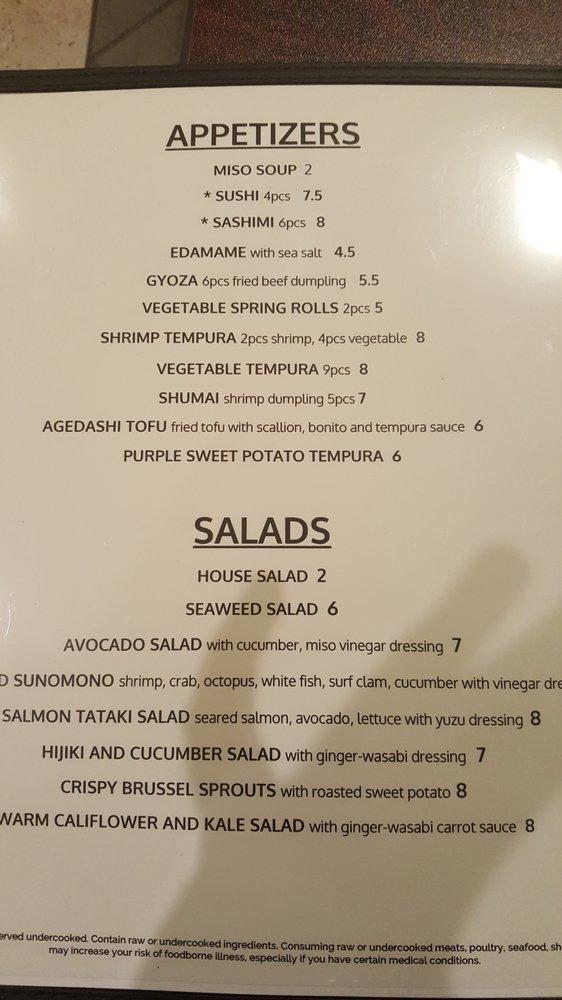 Menu at Tanuki Japanese Restaurant, Ashburn