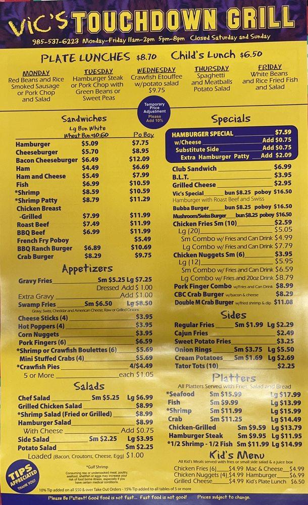 Menu at Vic's Touchdown Grill restaurant, Raceland