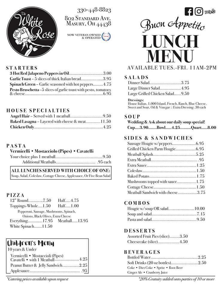 Menu at White Rose Spaghetti House pizzeria, Masury