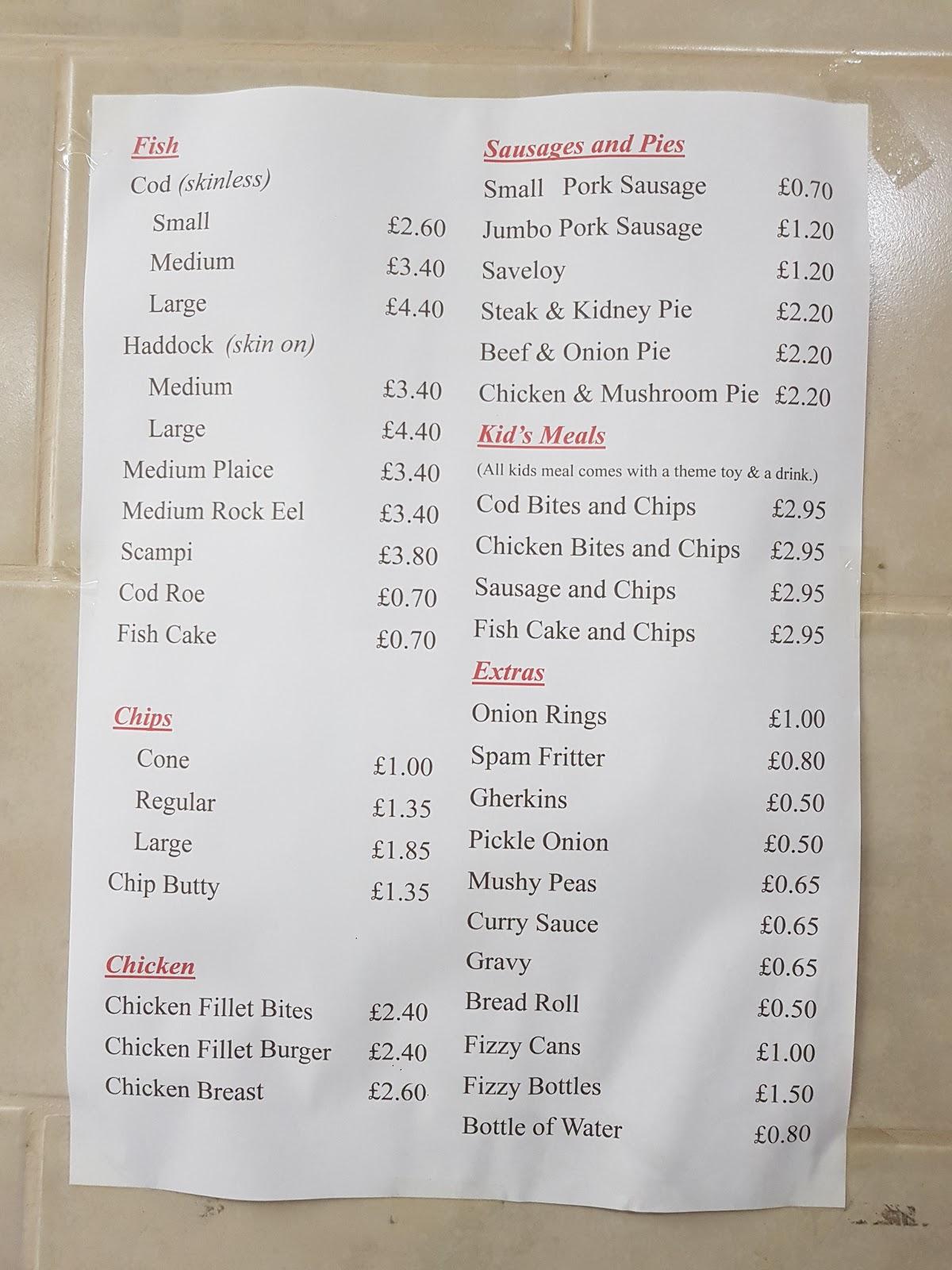 Menu at Crystal Fish Bar, Great Yarmouth