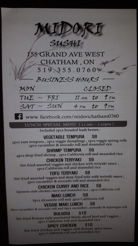 Menu at Midori Sushi restaurant, Chatham-Kent
