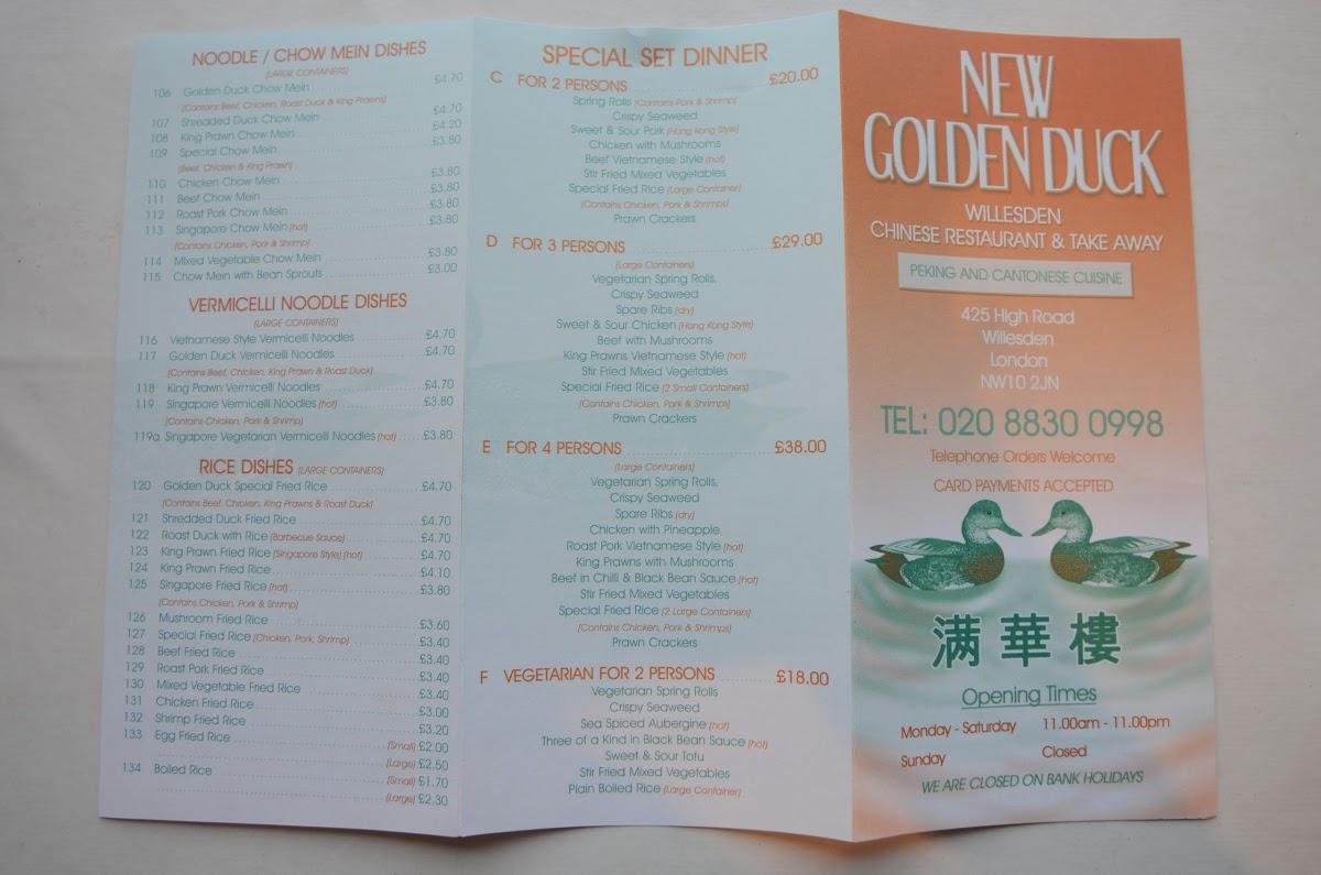Menu at The New Golden Duck fast food, London, 425 High Rd