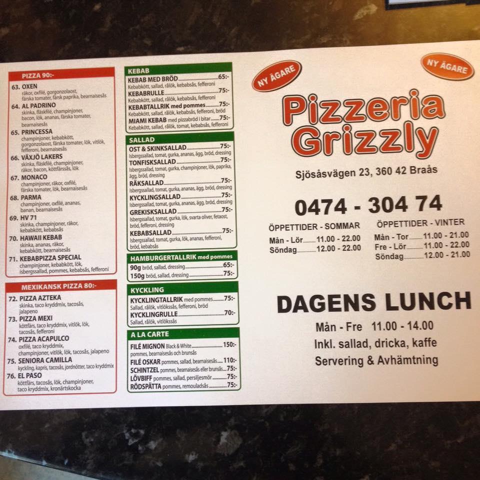 Menu at Pizzeria Grizzly, Sweden