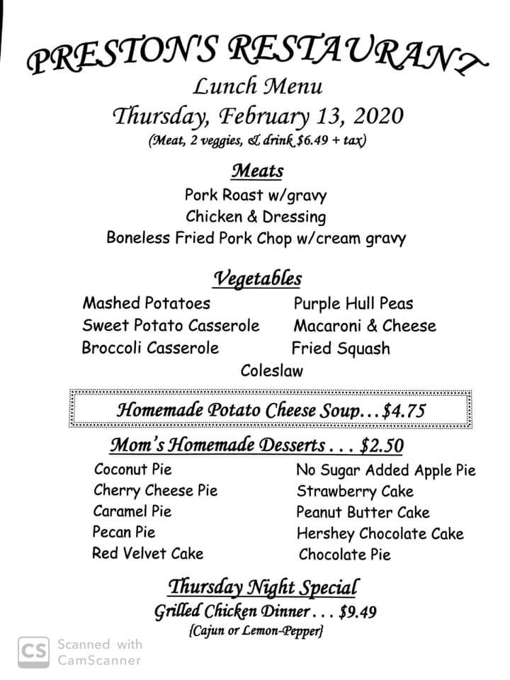 Menu at Preston’s restaurant, Lexington