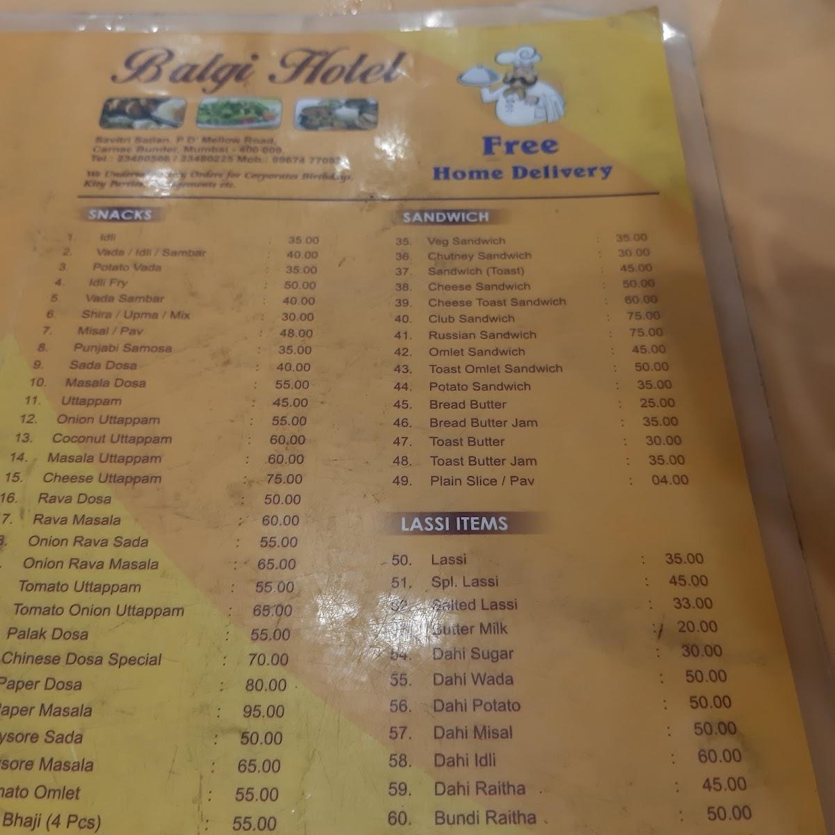Menu at Balgi Hotel, Mumbai