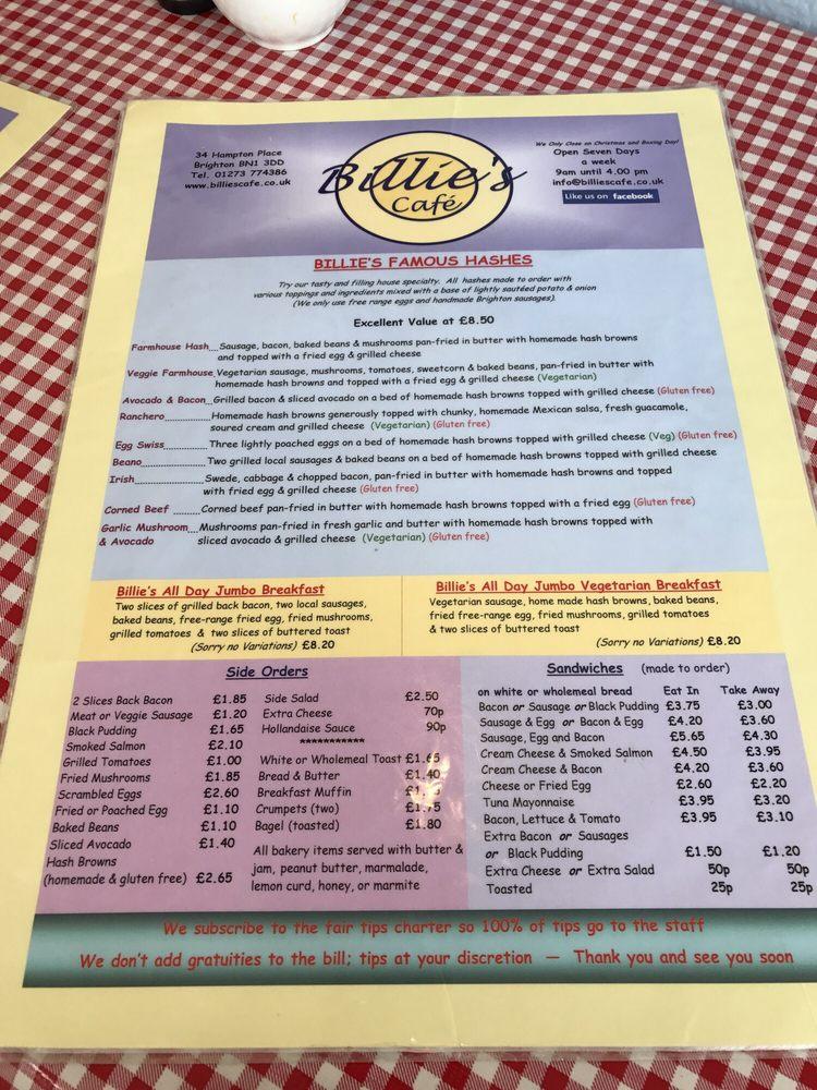 Menu at Billie's cafe, Brighton