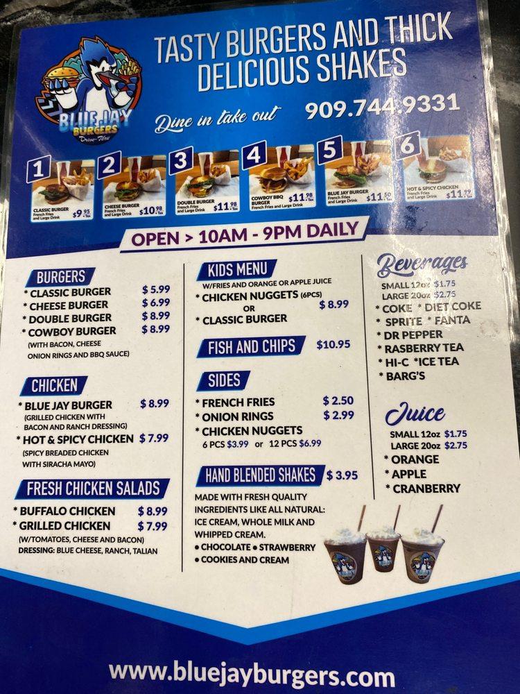 Menu at Blue Jay Burgers restaurant, Lake Arrowhead