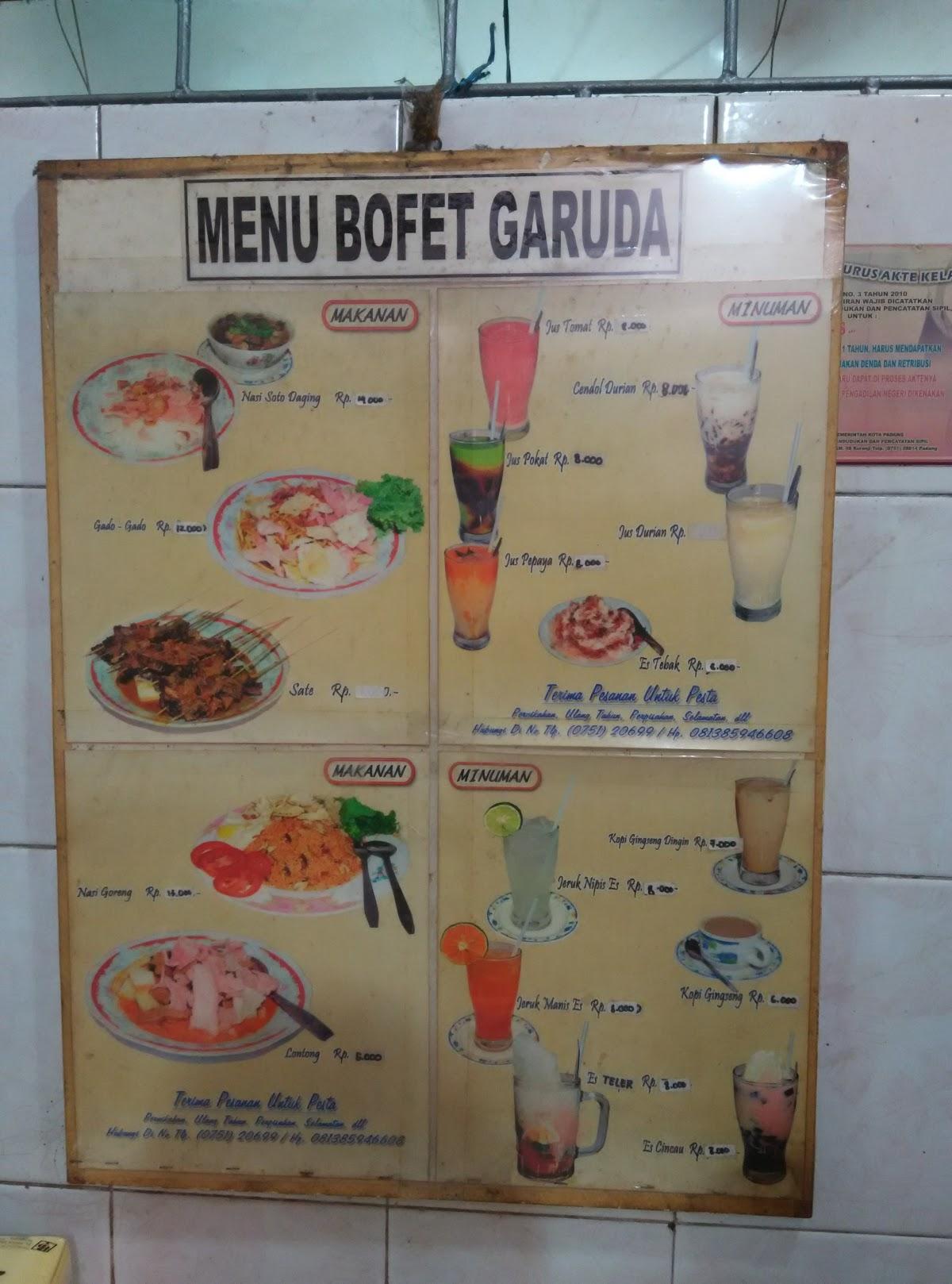 Menu at Bofet GARUDA restaurant, Padang
