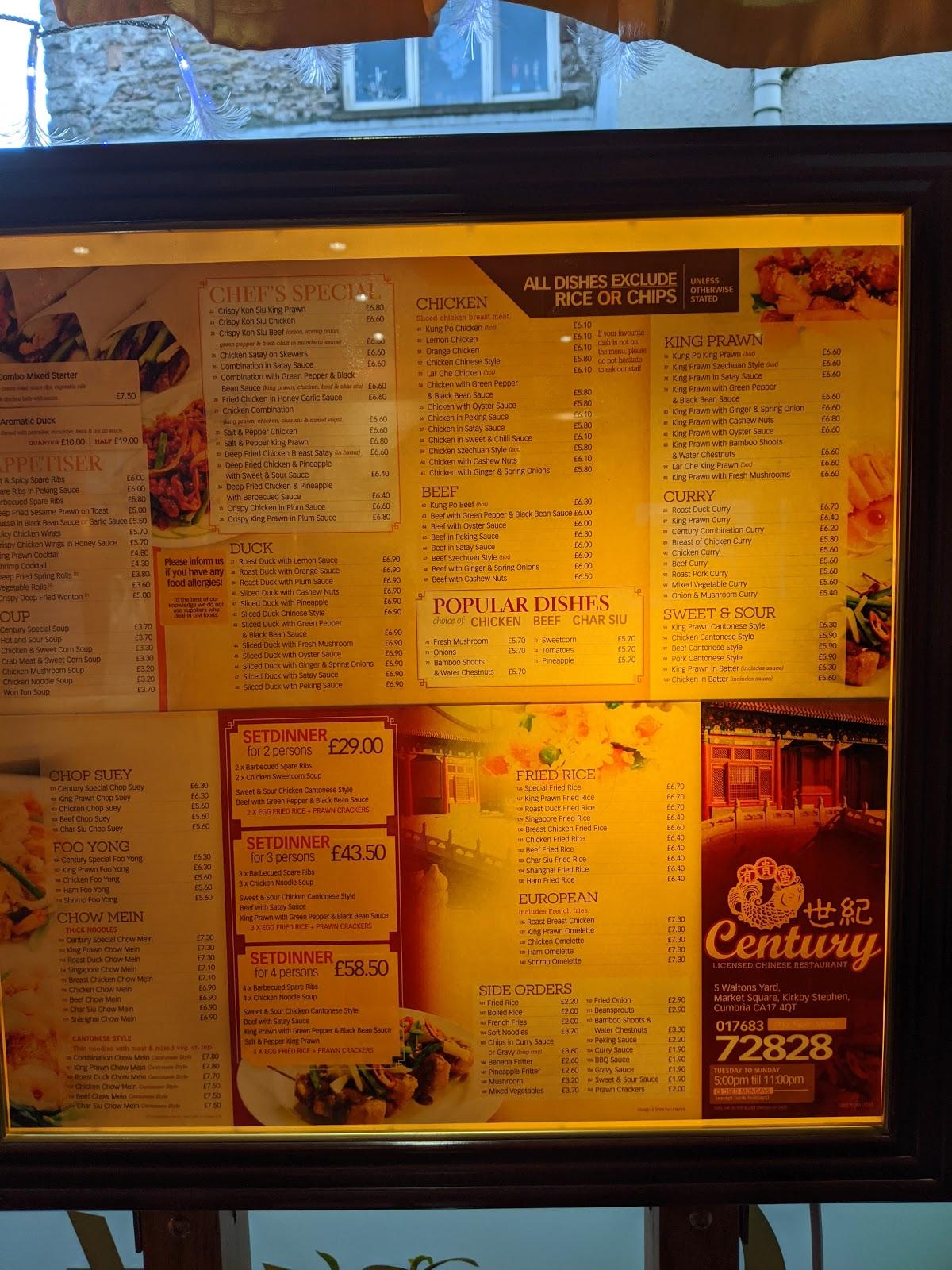 Menu at Century Chinese Restaurant, Kirkby Stephen