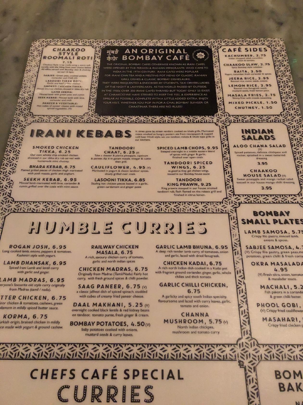 Menu at Chaakoo Bombay Cafe, Glasgow