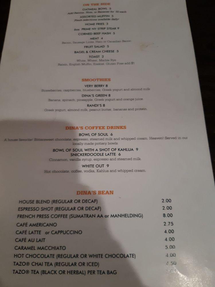 Menu at Dina's restaurant, Ellicottville