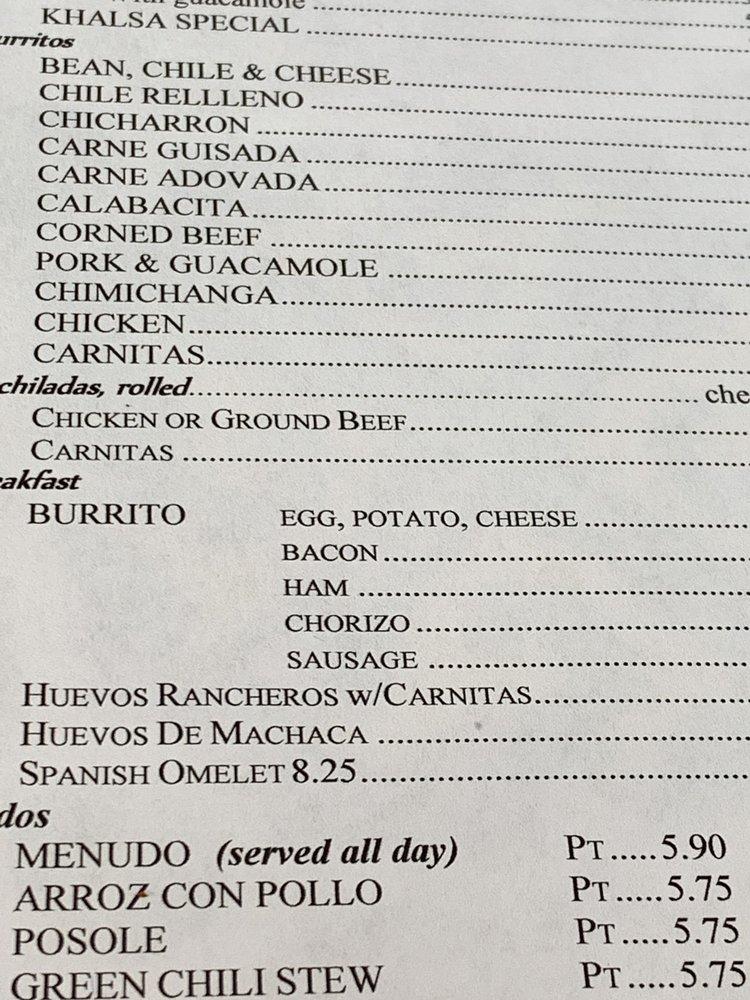 Menu at El Parasol restaurant, Pojoaque