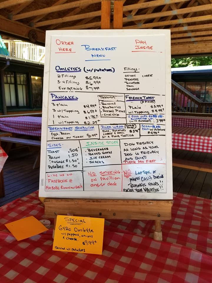 Menu at MacBeth's Riverview Grill restaurant, Cooksburg
