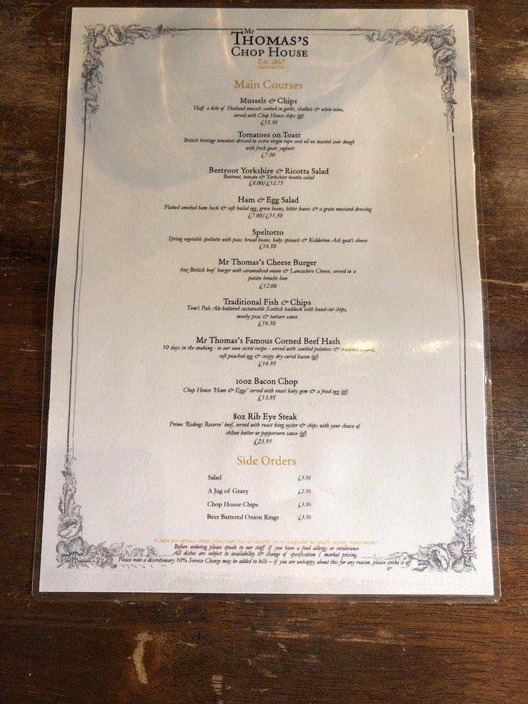 Menu at MR THOMAS'S CHOP HOUSE pub & bar, Manchester