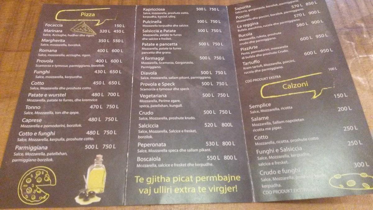 Menu at Pizzarte restaurant, Tirana