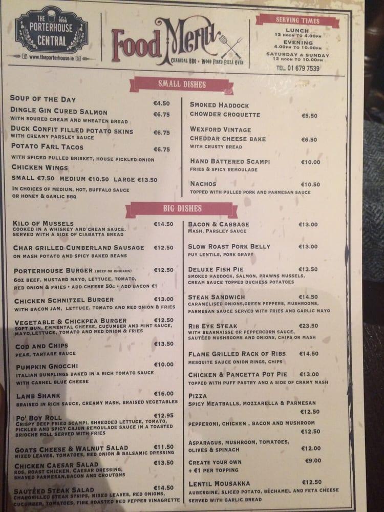 Menu at The Porterhouse Central pub & bar, Dublin