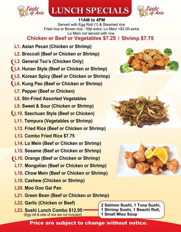 Menu at Taste of Asia restaurant, Fort Worth, N Beach St ste250