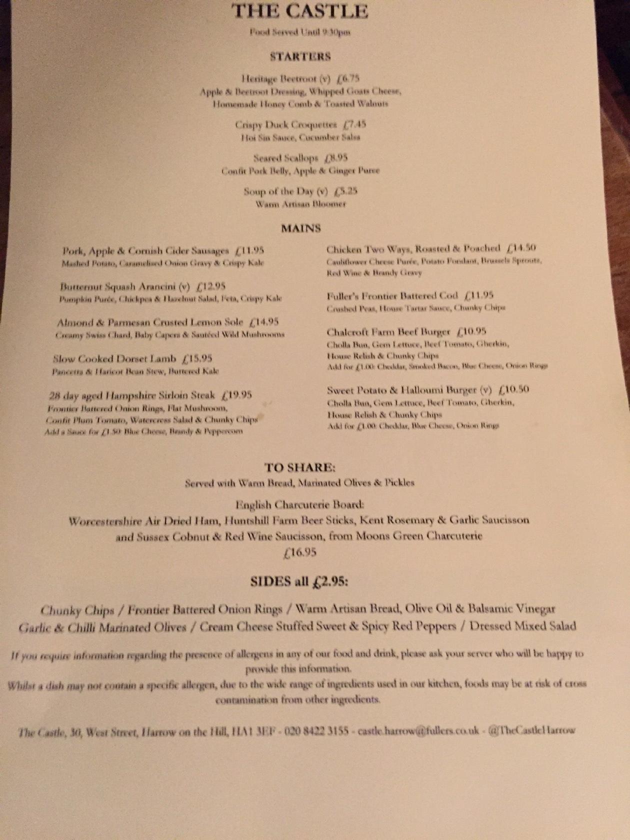 Menu at The Castle, Harrow pub & bar, Harrow, 30 West St