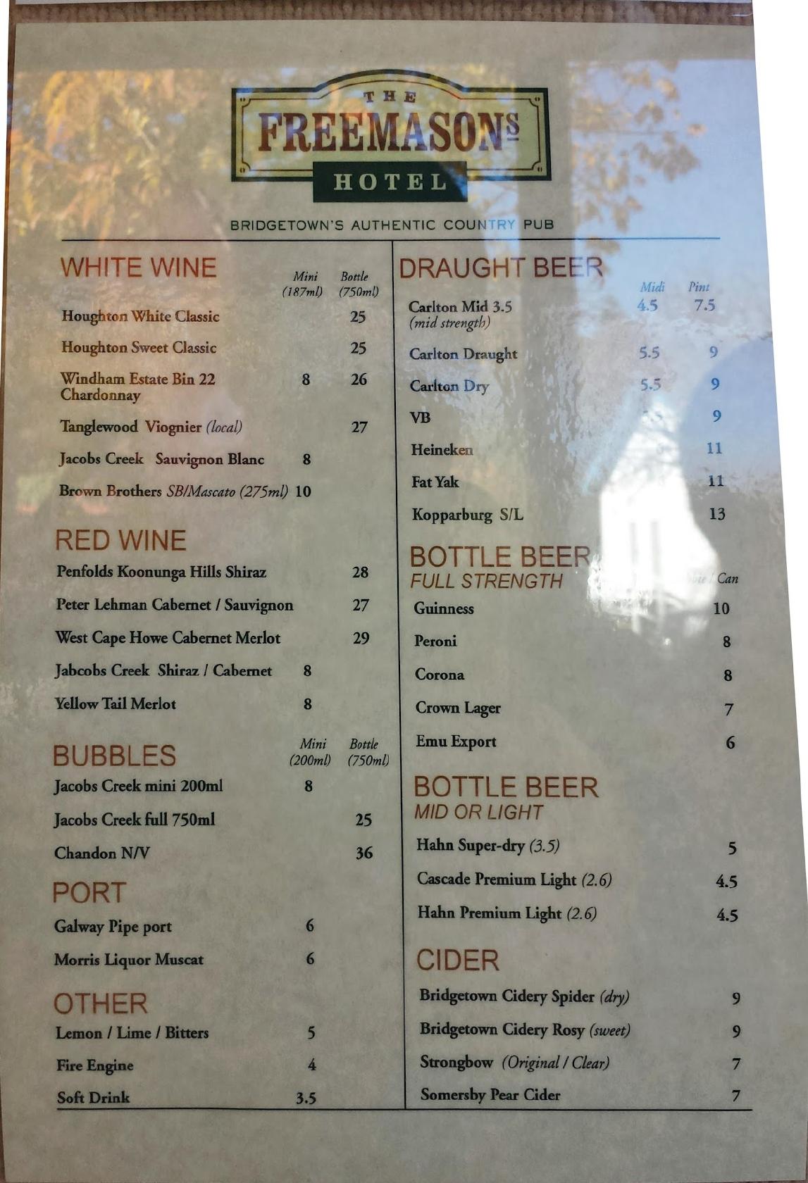 Menu at The Freemasons Hotel pub & bar, Bridgetown