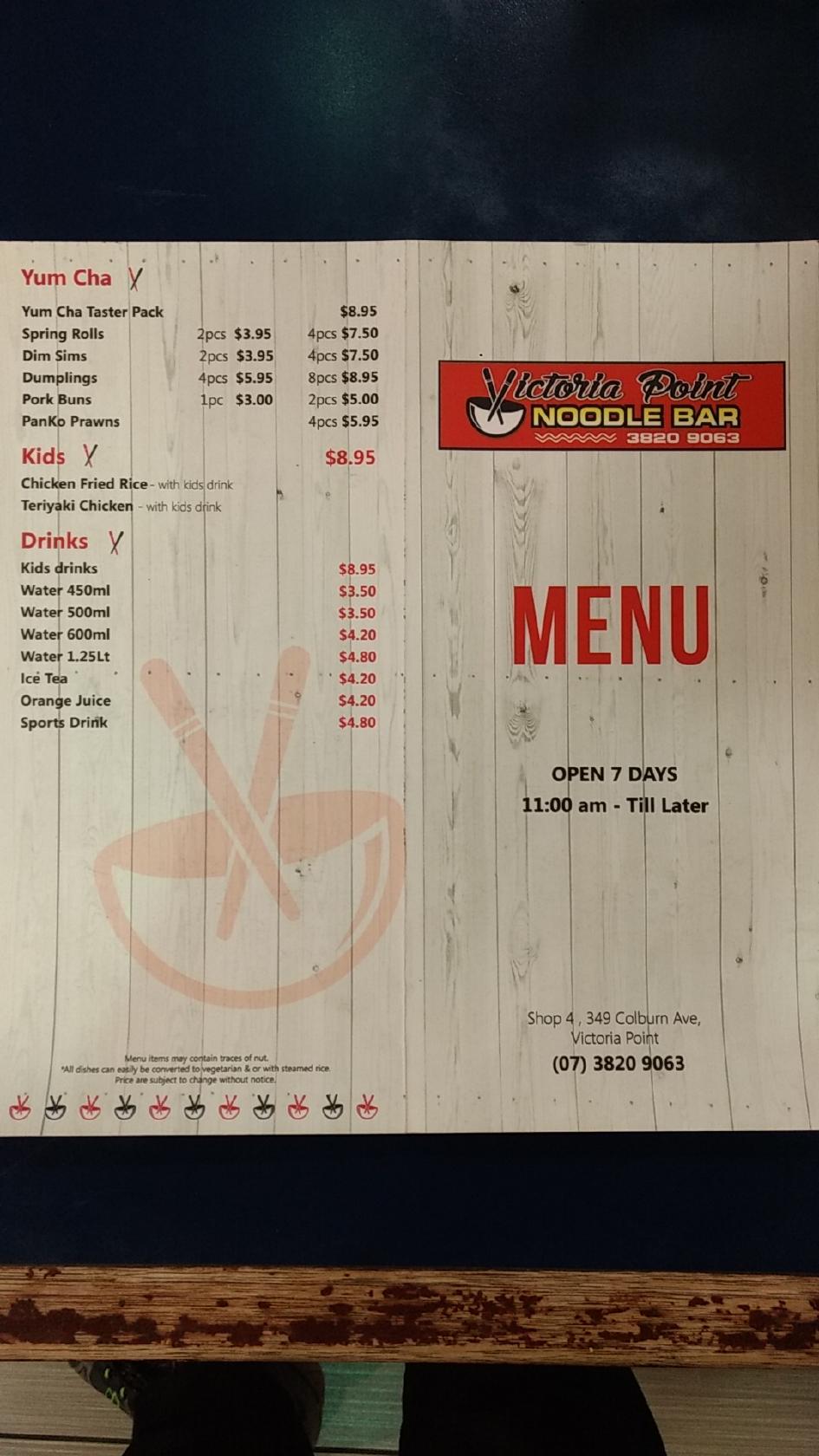 Menu at Victoria Point Noodle Bar, Victoria Point