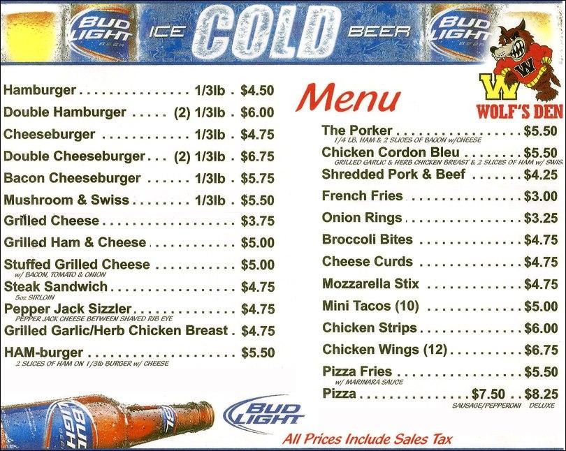Menu at Wolf's Den pub & bar, Janesville
