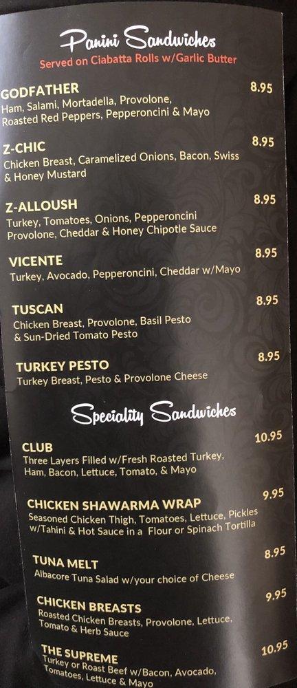 Menu at Z's Cafe, Walnut Creek