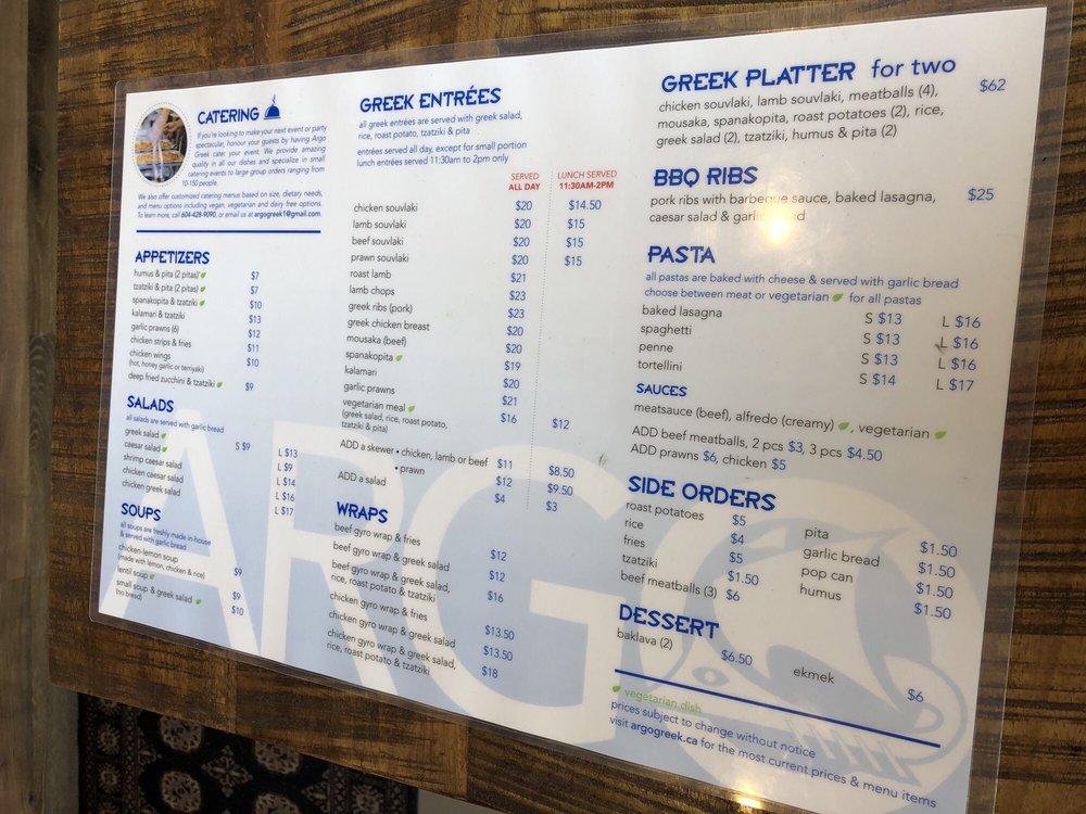 Menu at Argo Greek Cuisine Pizza & Pasta pizzeria, Burnaby
