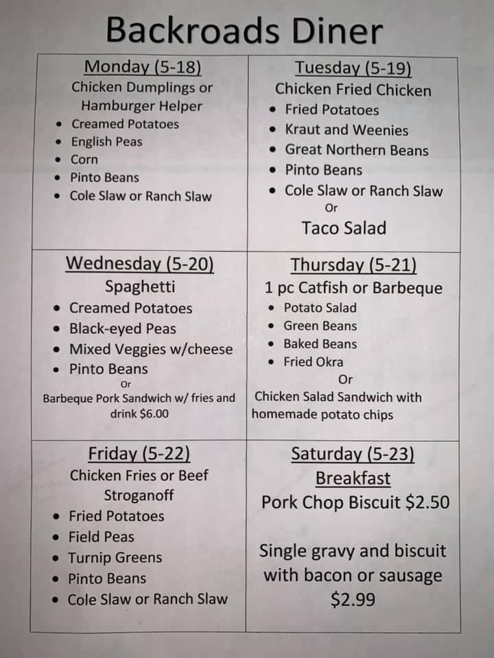 Menu at Backroads Diner BBQ, Arab