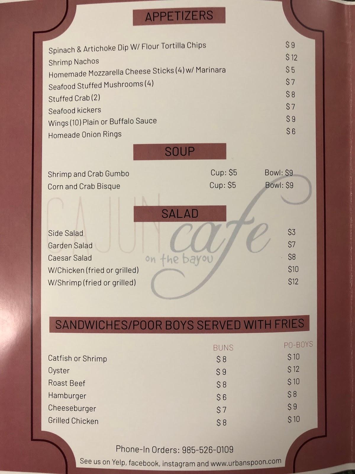 Menu at Cajun Cafe On The Bayou, Labadieville