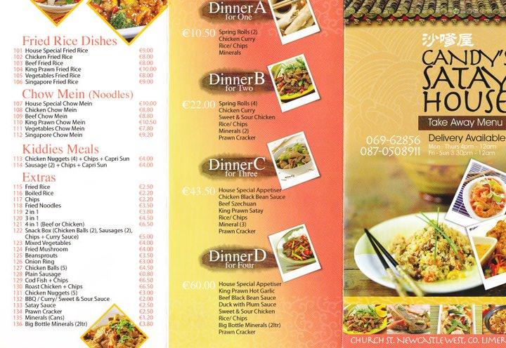 Menu at Candy's Satay House restaurant, Ireland