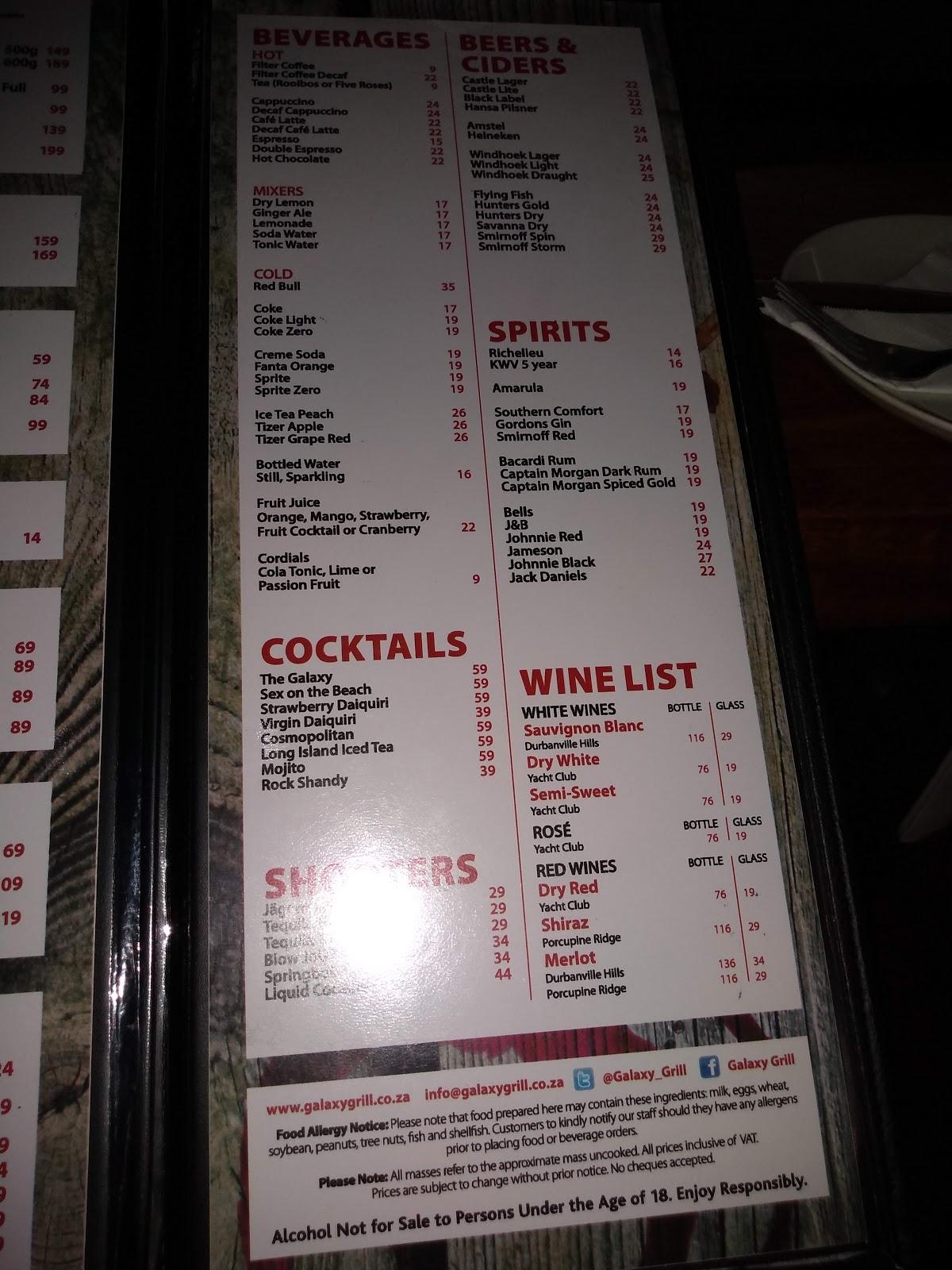 Menu at Galaxy Grill restaurant, Durban, Pavilion