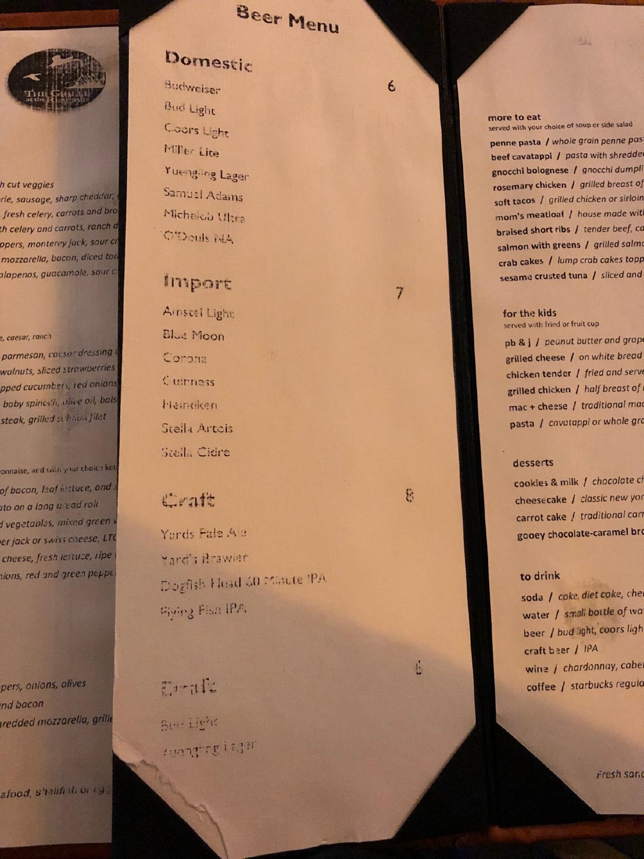 Menu at Grille At The Reserve restaurant, Philadelphia