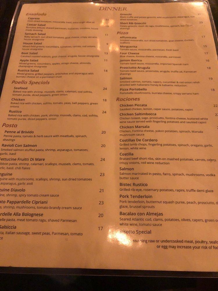 Menu at Rustico restaurant, Oak Park