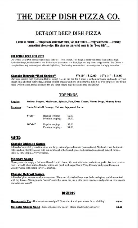 Menu at The Deep Dish Pizza Co. pizzeria, Jaffrey