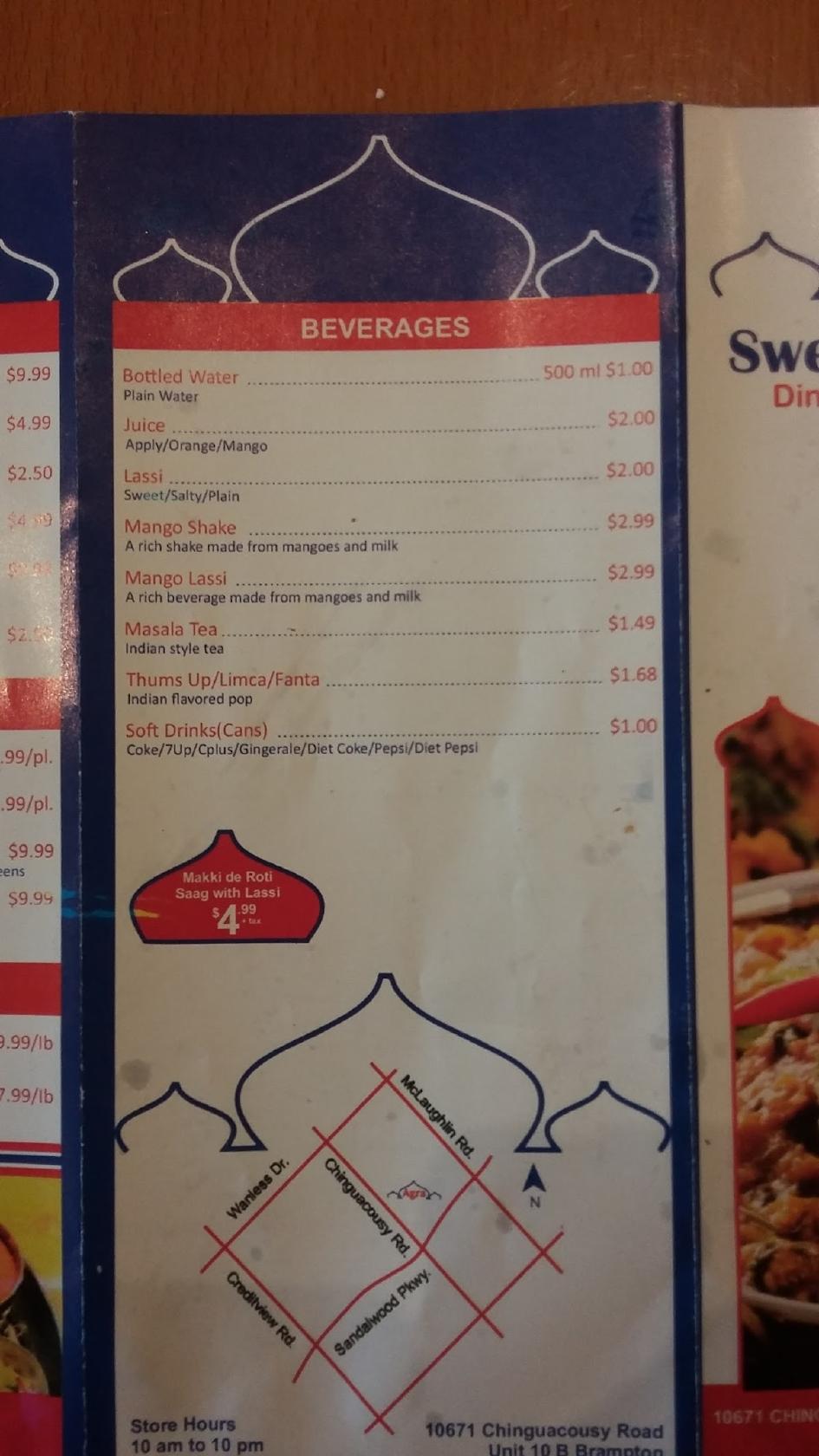 Menu at Agra Sweets & Tandoori restaurant, Brampton