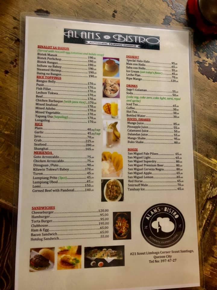 Menu at Alan's 21 Bistro restaurant, Quezon City, #21 Scout Limbaga ...
