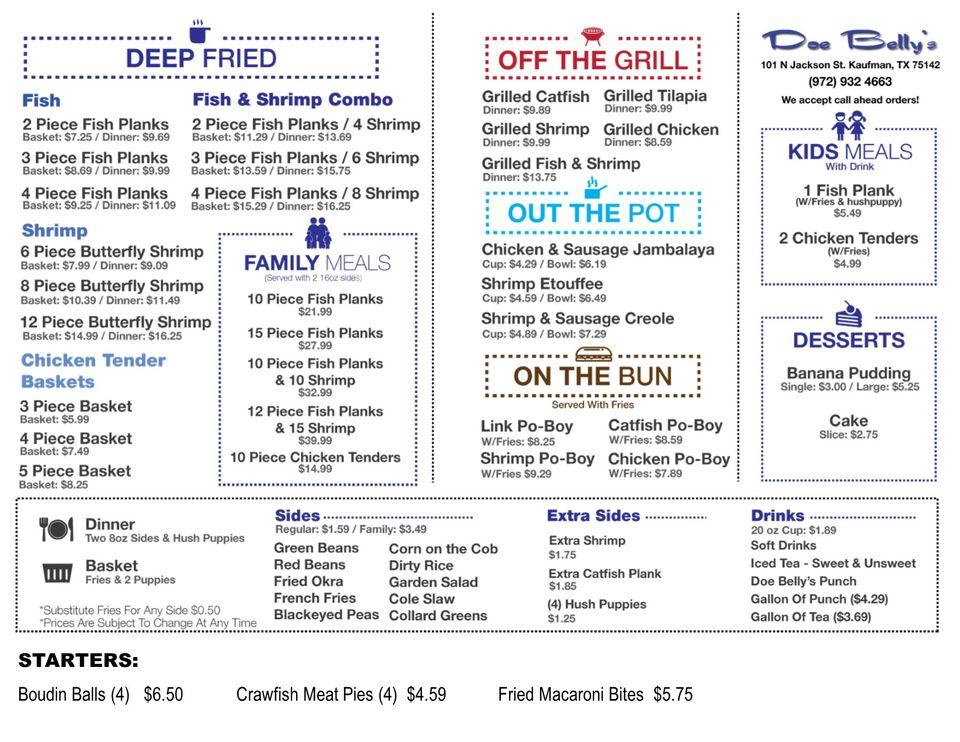 Menu at Doe Belly's restaurant, Forney
