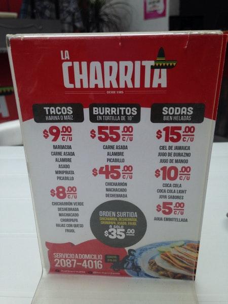 Menu at La Charrita restaurant, Monterrey, Eje Metropolitano 34 3841