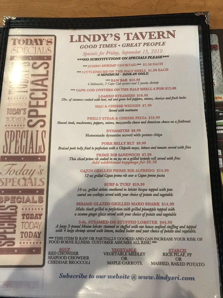 Menu at Lindy's Tavern pub & bar, North Smithfield