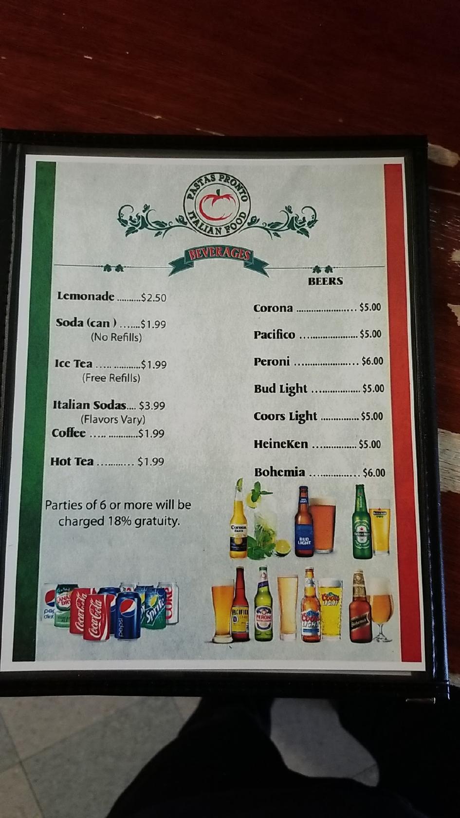 Menu at Pastas Pronto pub & bar, Modesto, Coffee Rd
