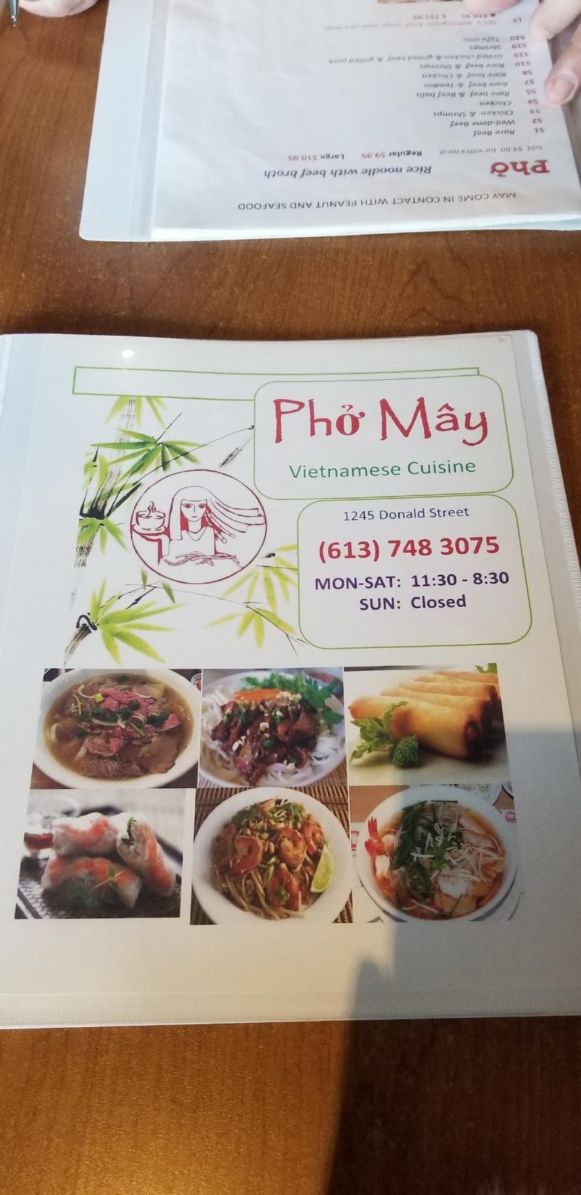 Menu at Phở Mây restaurant, Ottawa