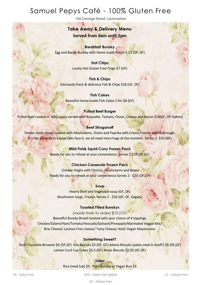 Menu at Samuel Pepy's Cafe, Launceston