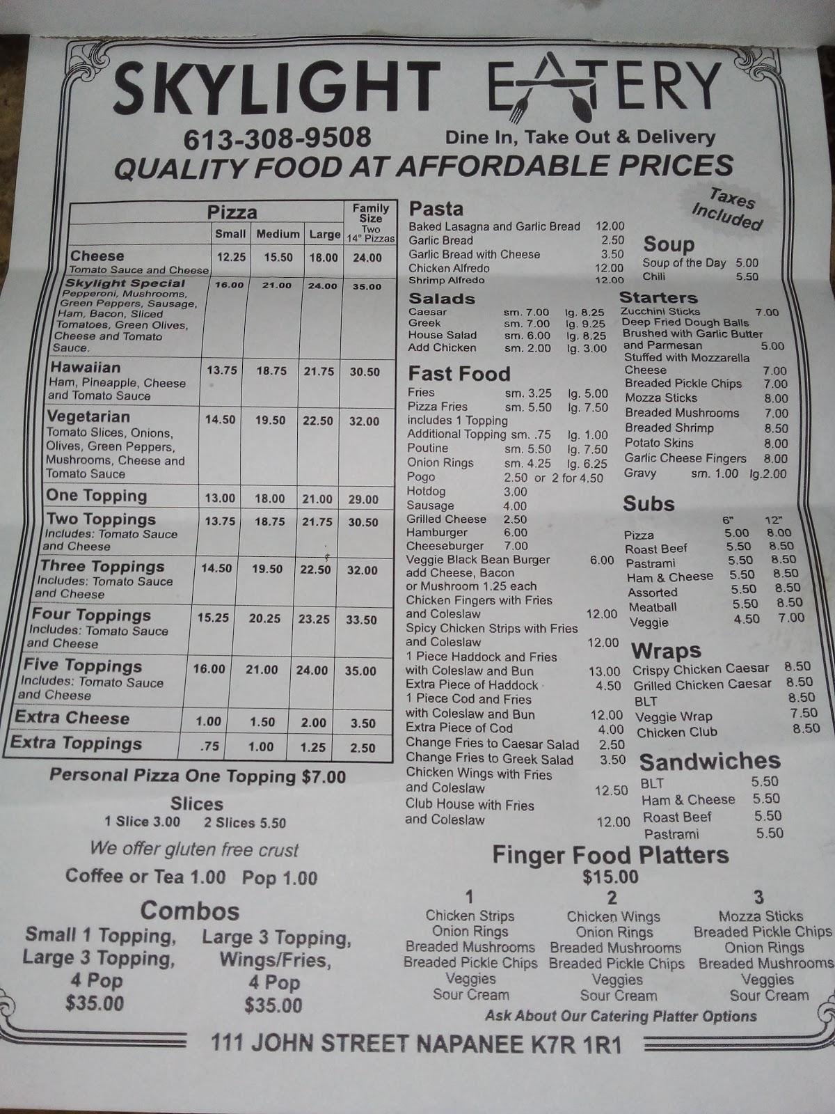 Menu at Skylight Eatery restaurant, Napanee