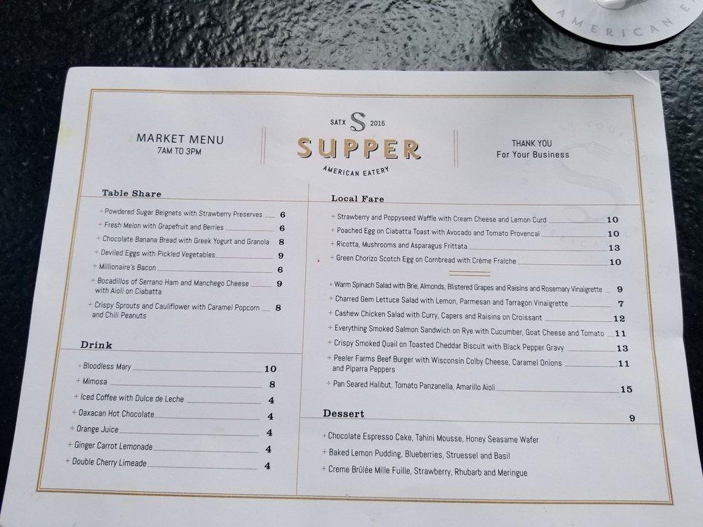 Menu at Supper restaurant, San Antonio
