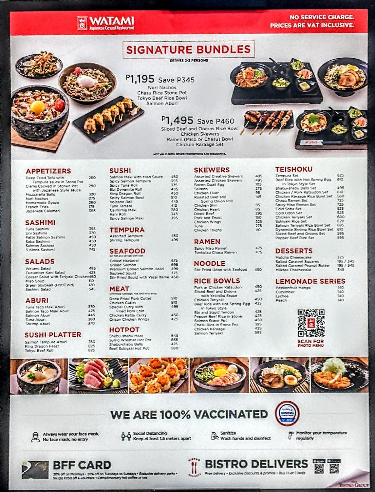 Carta de Watami Grill & Sushi Bar, Ciudad Quezon