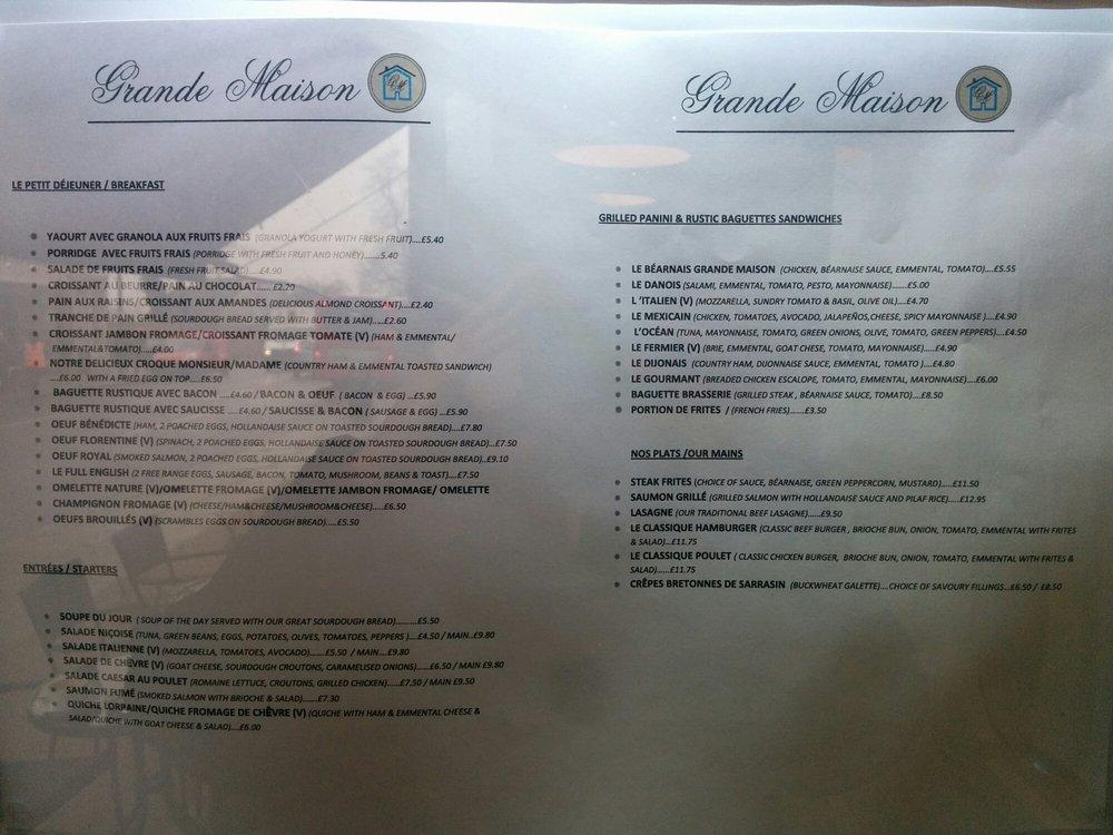 Menu at Grande Maison cafe, London