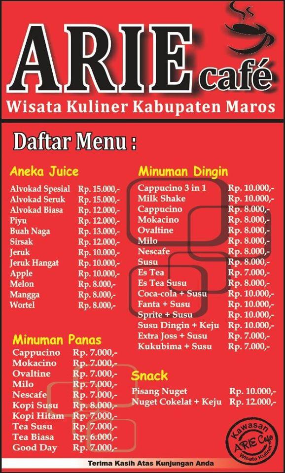 Menu at Arie Cafe, Taroada