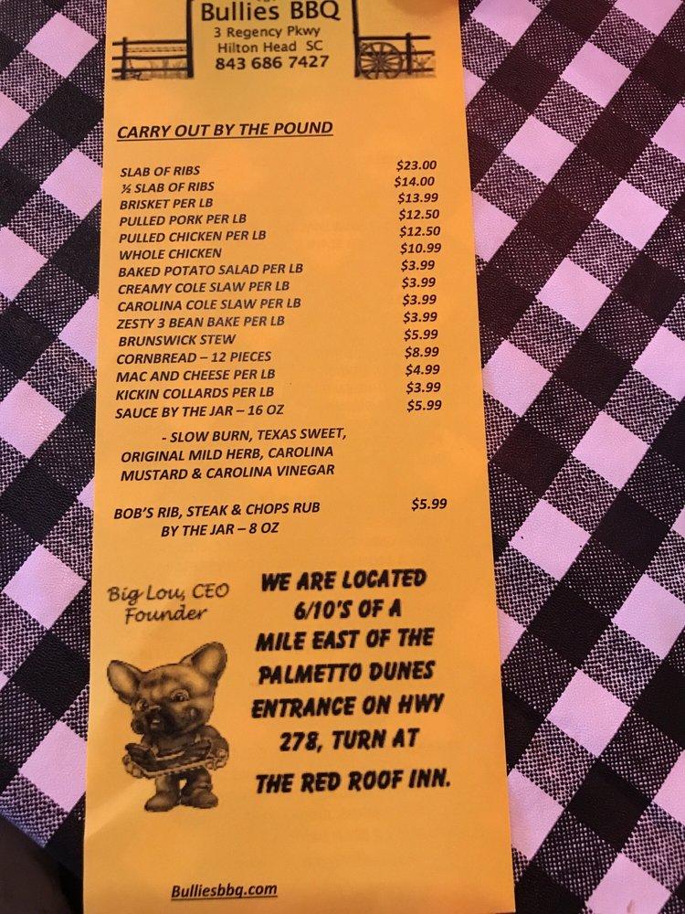 Menu at Bullies BBQ, Hilton Head Island
