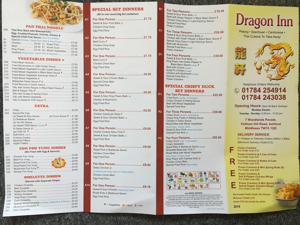 Menu at Dragon Inn fast food, Ashford, 7 Woodlands Parade