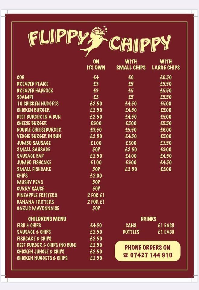 Menu at Flippy Chippy fast food, Broadclyst, 12 Woodbury View